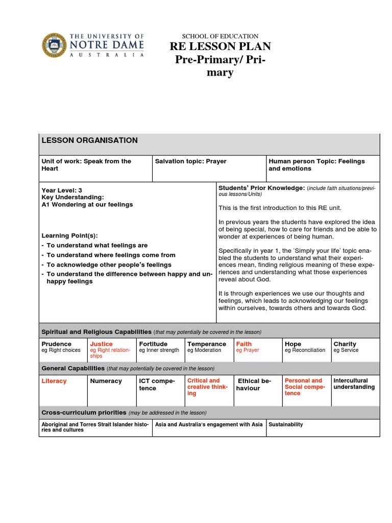 Re Lesson Plan Pre-Primary/ Pri-Mary | PDF | Lesson Plan | Prayer