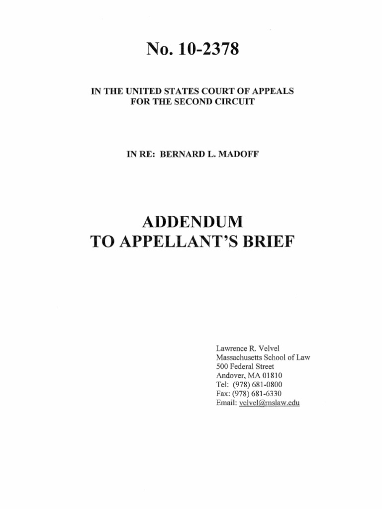 Addendum To Dean Velvel's Appellant Brief Re: Final Account Statement ...