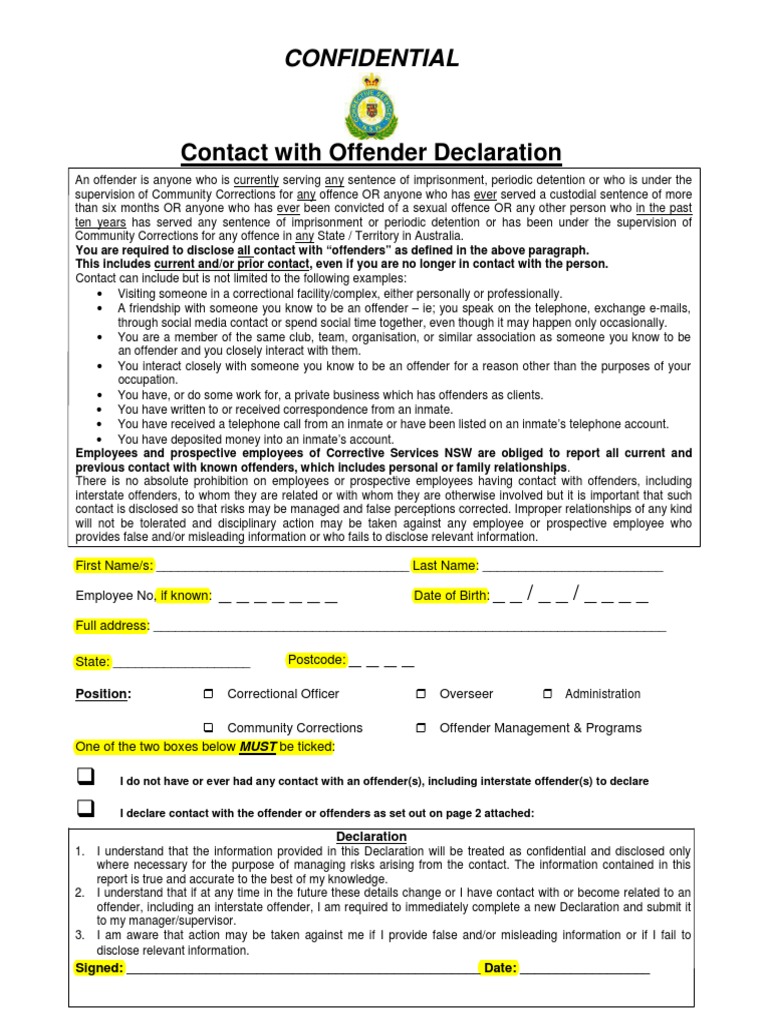 Contact With Offender Declaration Form - Highlighted PDF | PDF | Remand ...