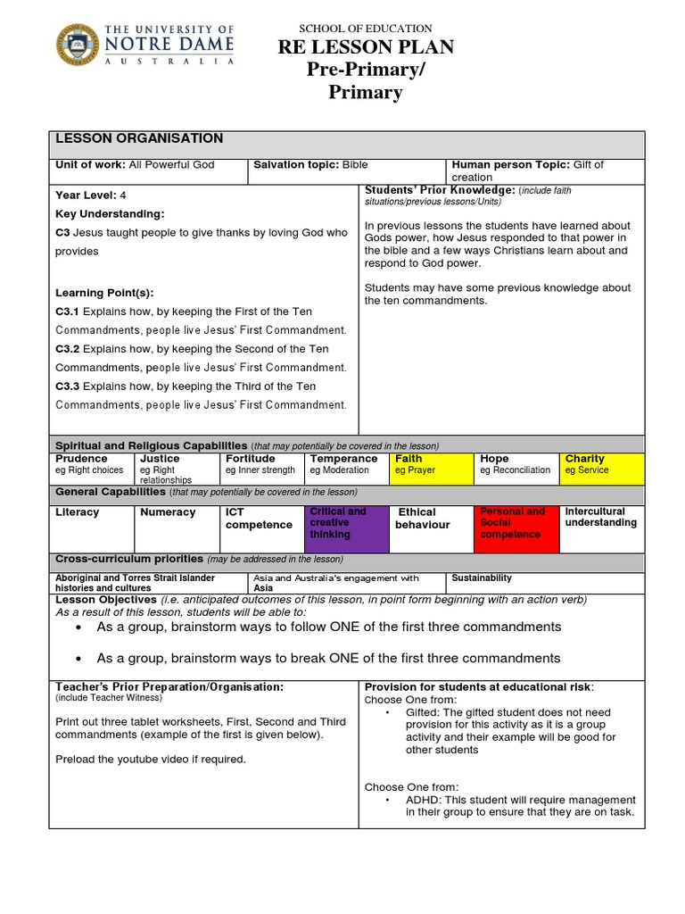 Re Lesson Plan Pre-Primary/ Primary | PDF | Ten Commandments ...