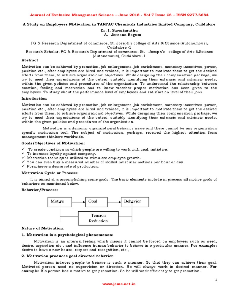 A Study On Employees Motivation in TANFAC Chemicals Industries Limited ...