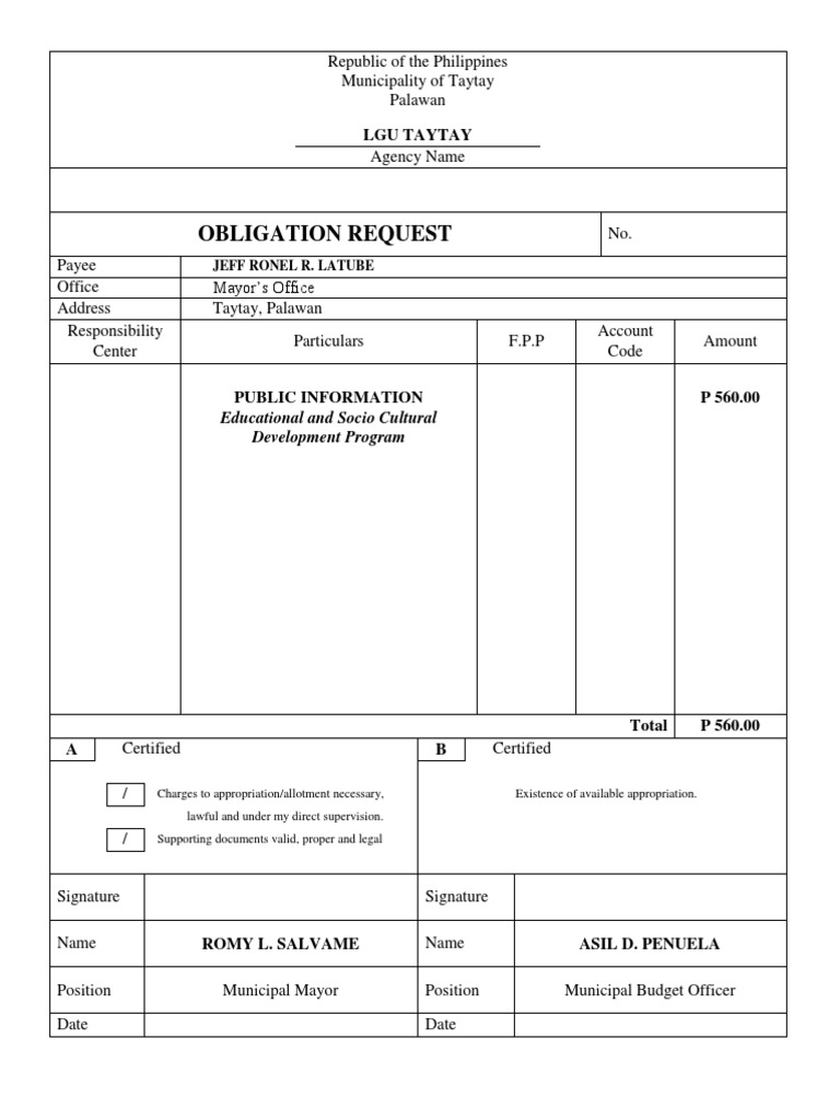 Obligation Request: Lgu Taytay | PDF | Payments | Cheque