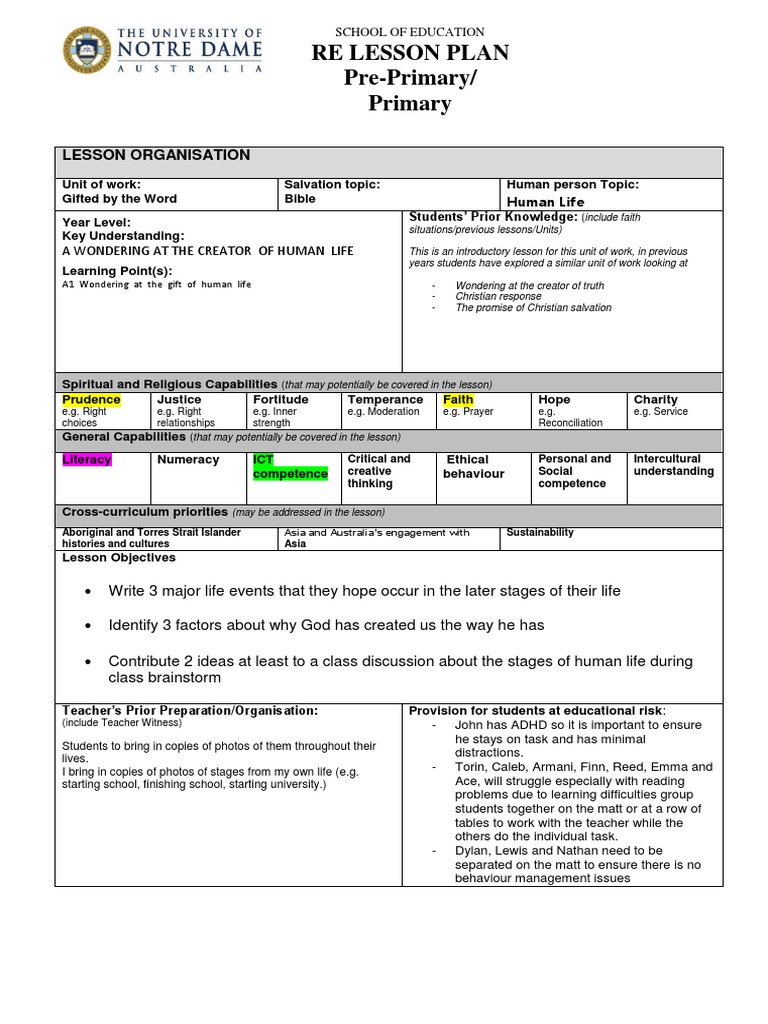 Re Lesson Plan Pre-Primary/ Primary | PDF | Teachers | Psychology