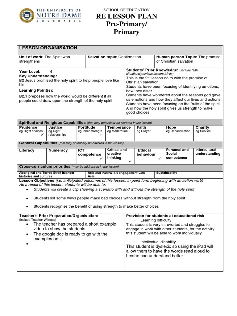 Re Lesson Plan Pre-Primary/ Primary | PDF | Salvation | Teachers