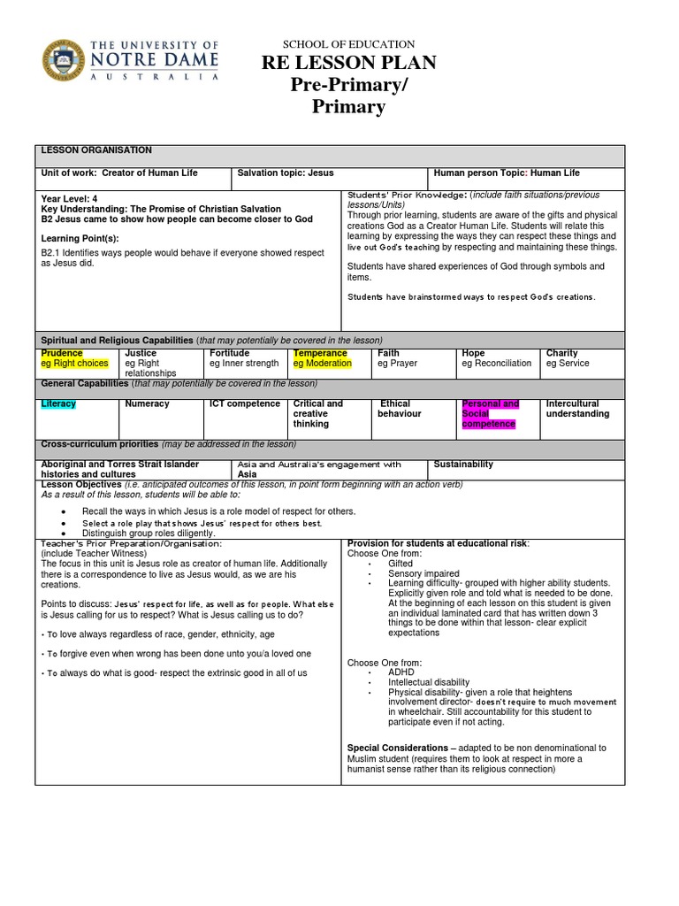 Re Lesson Plan Pre-Primary/ Primary: School of Education | PDF | Bible ...