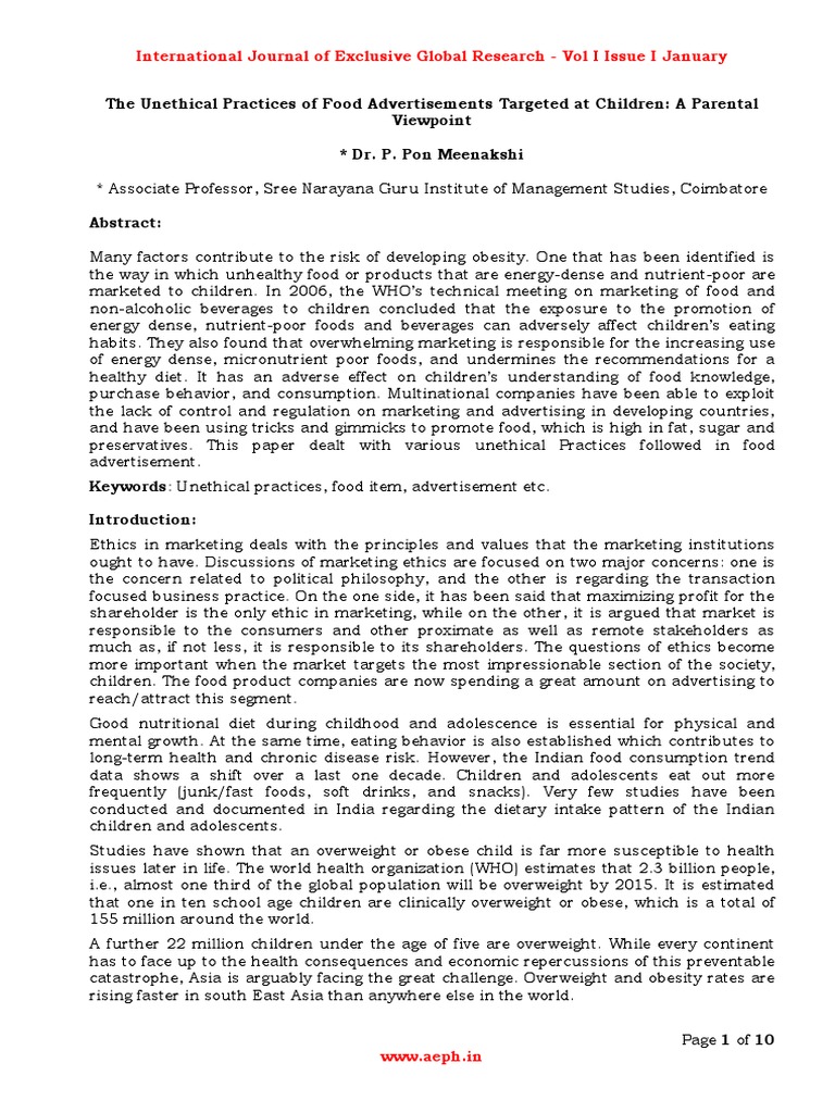 The Unethical Practices Of Food Advertisements Targeted At Children A