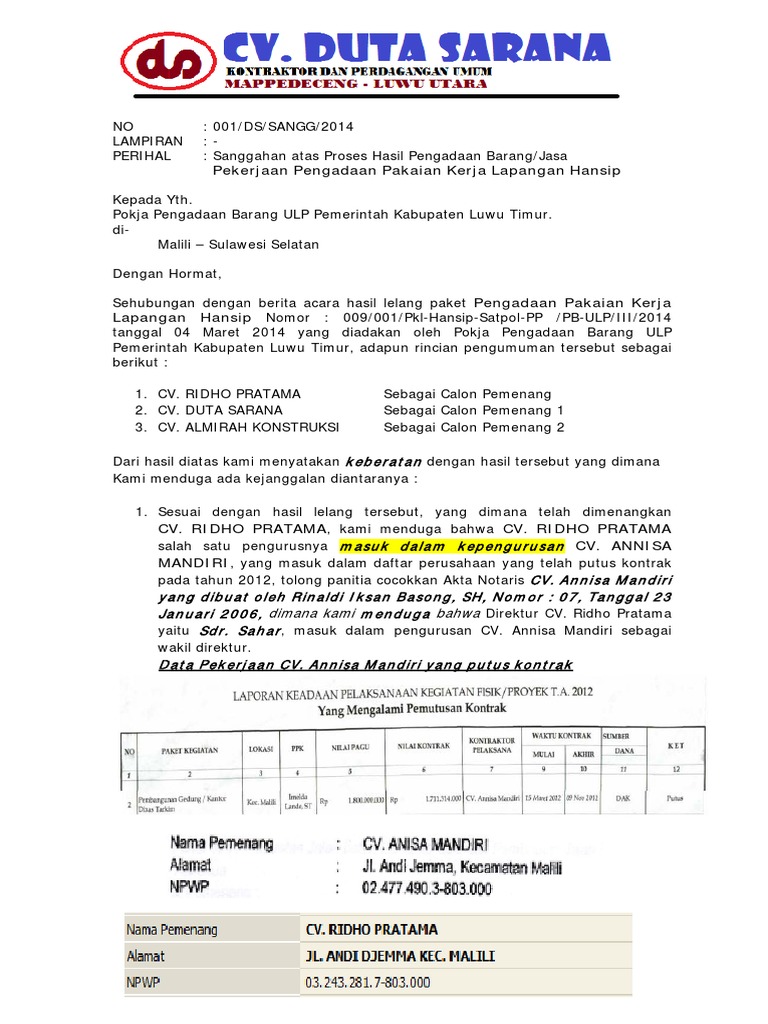Surat Sanggahan CV. DUTA SARANA Baju Hansip 2014 | PDF