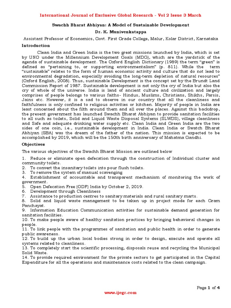 Swachh Bharat Abhiyan A Model Of Sustainable Development Pdf Download