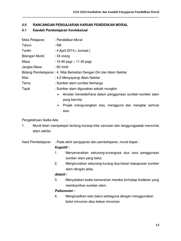 10 RPH Pendidikan Moral | PDF