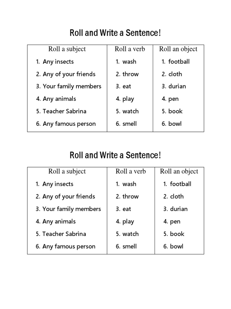Roll and Write A Sentence!: Roll A Subject Roll A Verb Roll An Object | PDF