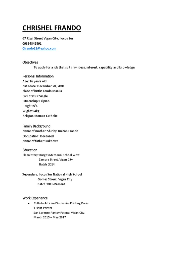 Resume of a hardworking and trustworthy 16-year-old student seeking her ...