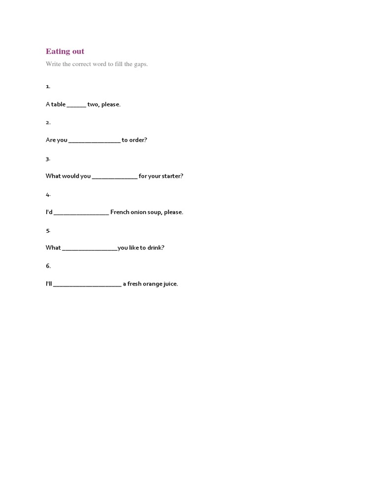 Fill-in-the-Blank Dining Phrases | PDF | Cooking, Food & Wine | Self ...