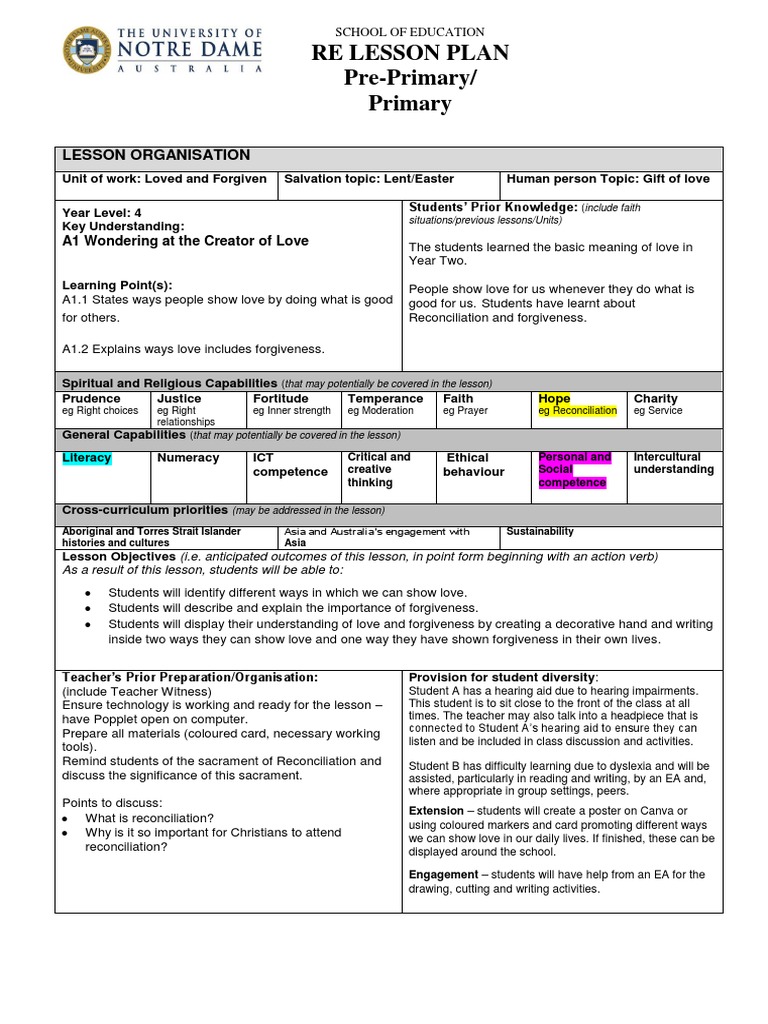 Re Lesson Plan Pre-Primary/ Primary | PDF | Forgiveness | Teachers