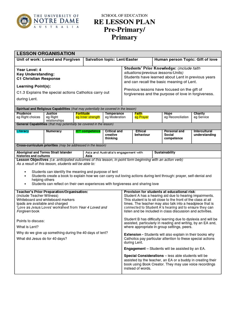 Re Lesson Plan Pre-Primary/ Primary | PDF | Lent | Forgiveness
