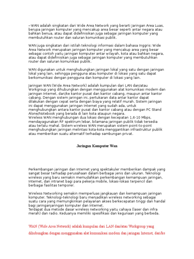 WAN Adalah Singkatan Dari Wide Area Network Yang | PDF
