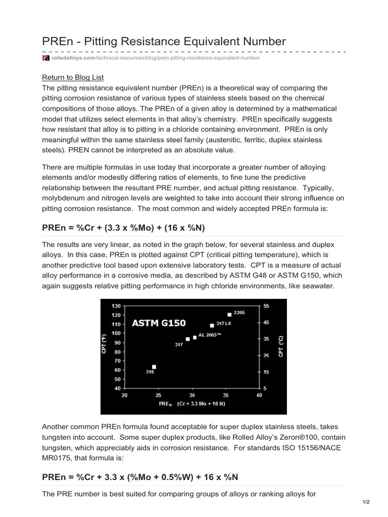 PREn - Pitting Resistance Equivalent Number | PDF | Stainless Steel | Steel