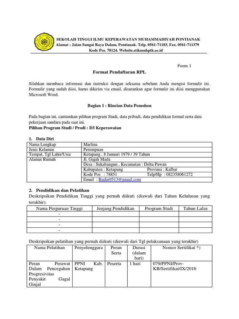 Form Pendaftaran RPL Marlina | PDF