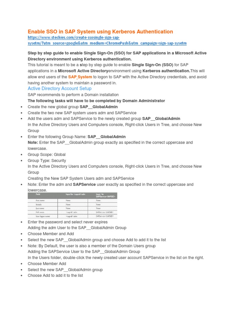 Enable SSO in SAP System Using Kerberos Authentication | PDF | Active Directory | Operating ...