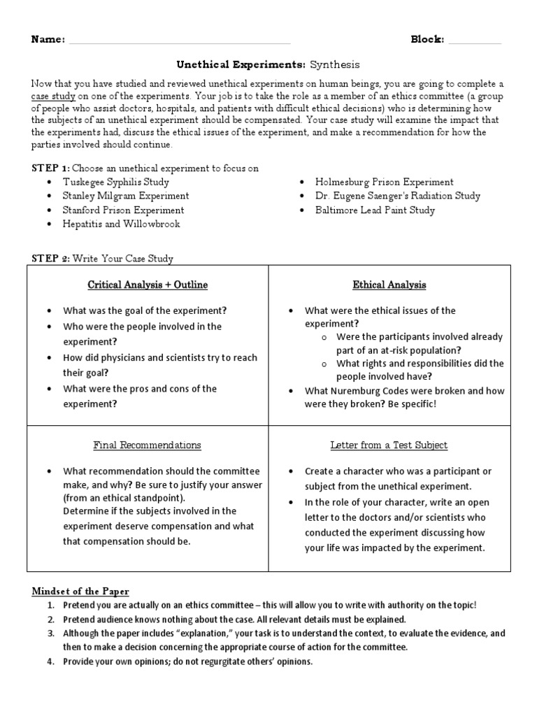 Unethical Experiments - Synthesis | PDF | Experiment | Psychology