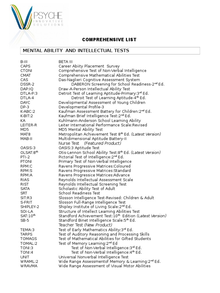 Mental Ability and Intellectual Tests: Comprehensive List | PDF ...