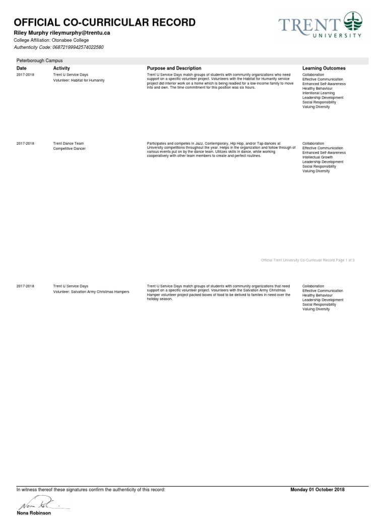Official Co-Curricular Record: Riley Murphy Rileymurphy@trentu - Ca | PDF | Leadership | Behavior