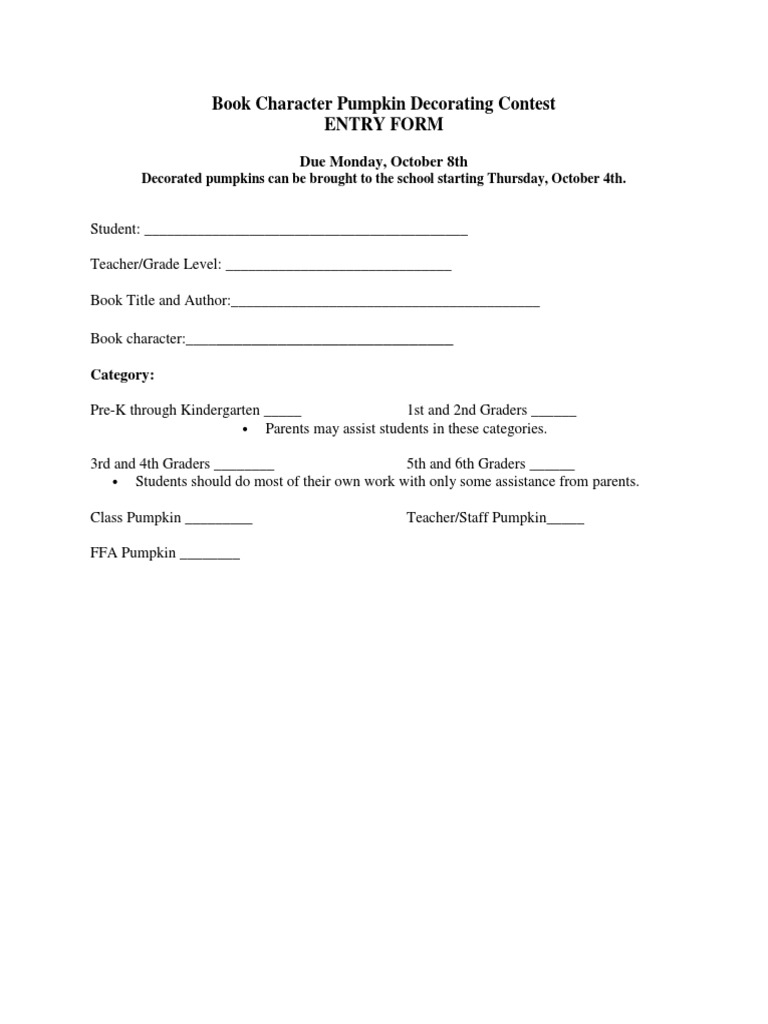 Book Character Pumpkin Contest Entry Form | PDF