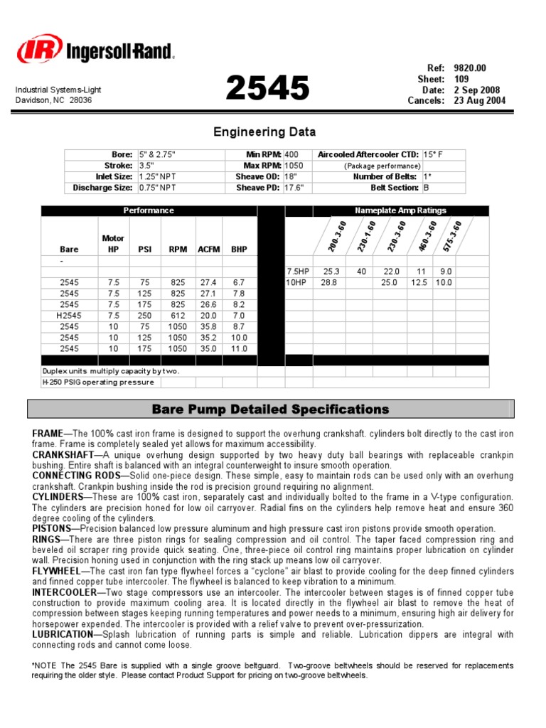 Ingersoll Rand Compressor - 2545 Engineering Data | Cylinder (Engine ...