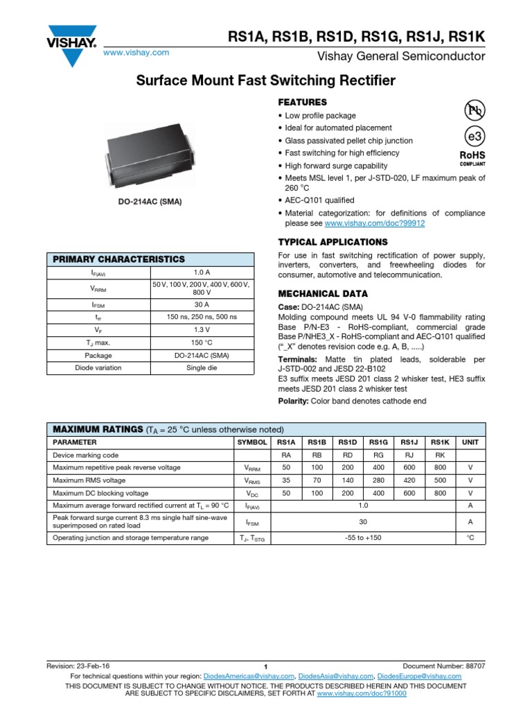 Rs1A, Rs1B, Rs1D, Rs1G, Rs1J, Rs1K: Vishay General Semiconductor | PDF | Rectifier | Diode