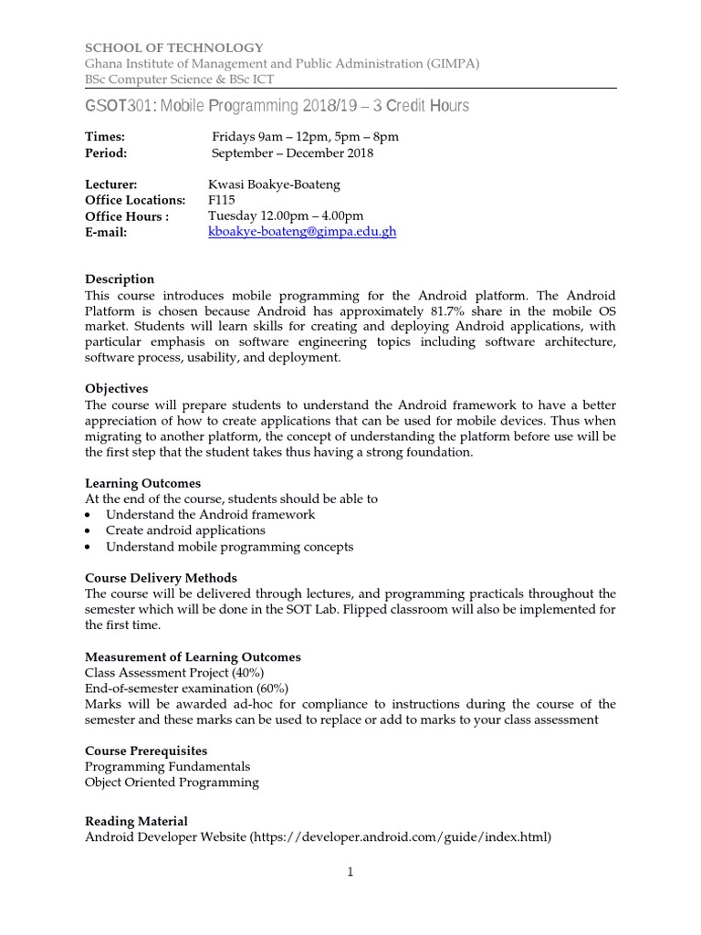 Mobile Programming Syllabus 2018-2019 | PDF | Android (Operating System) | Computer Programming