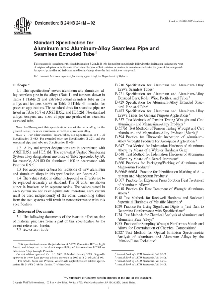 ASTM - B241 ASTM - B241M-02 Aluminum and Aluminum-Alloy Seamless Pipe ...