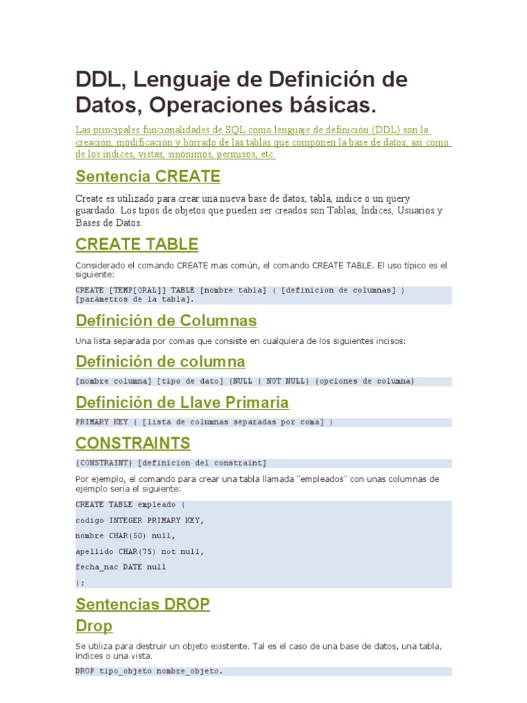 Guía Básica de SQL: DDL y DML | PDF | SQL | Tabla (base de datos)