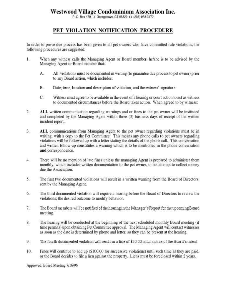 pet violation notification procedure | Foreclosure | Virtue