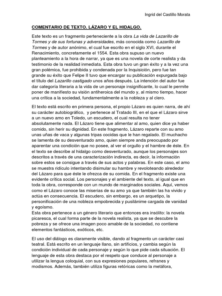 Comentario Lazarillo de Tormes | Ficción y literatura