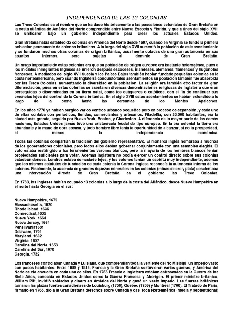 Independencia de Las 13 Colonias | PDF | Trece colonias | América del Norte