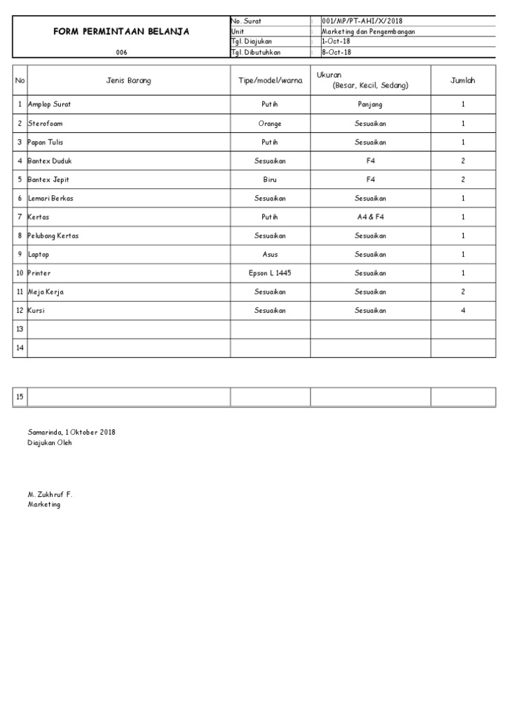 Contoh Form Permintaan Barang | PDF