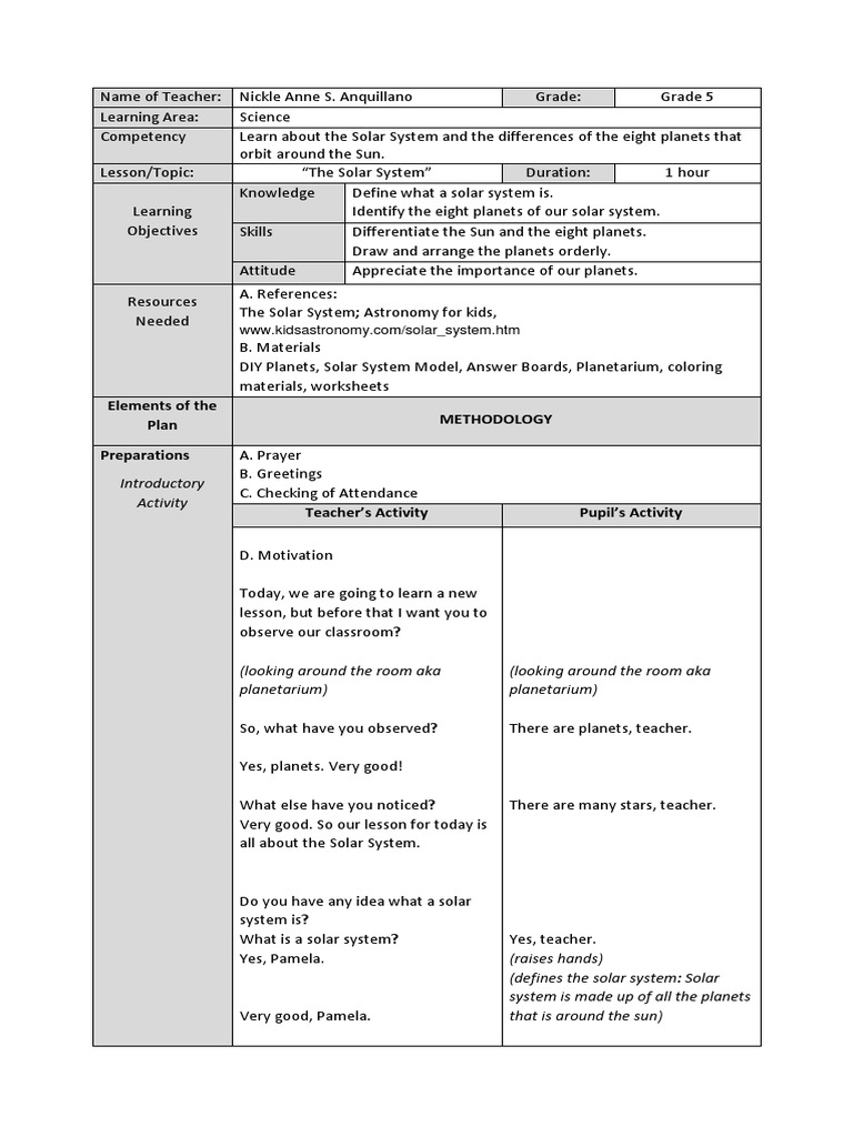 IPLAN Lesson Plan | PDF | Planets | Solar System