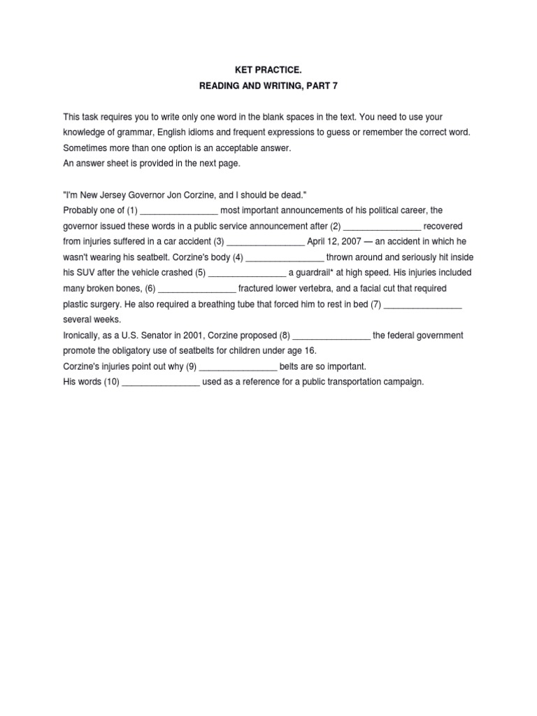 KET Reading & Writing Part 7 Practice | PDF