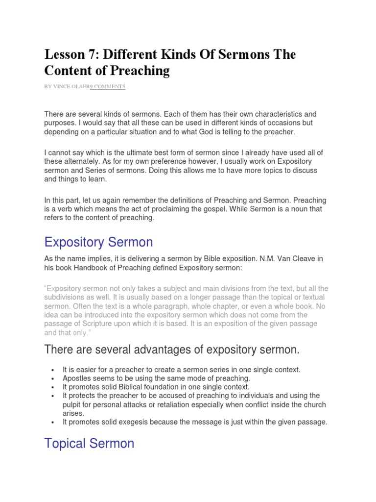 Lesson 7: Different Kinds of Sermons The Content of Preaching | PDF ...