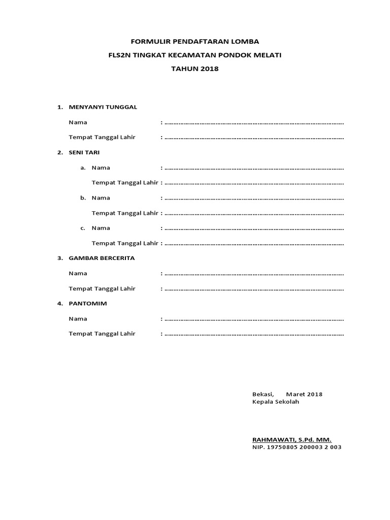 Formulir Pendaftaran Lomba | PDF