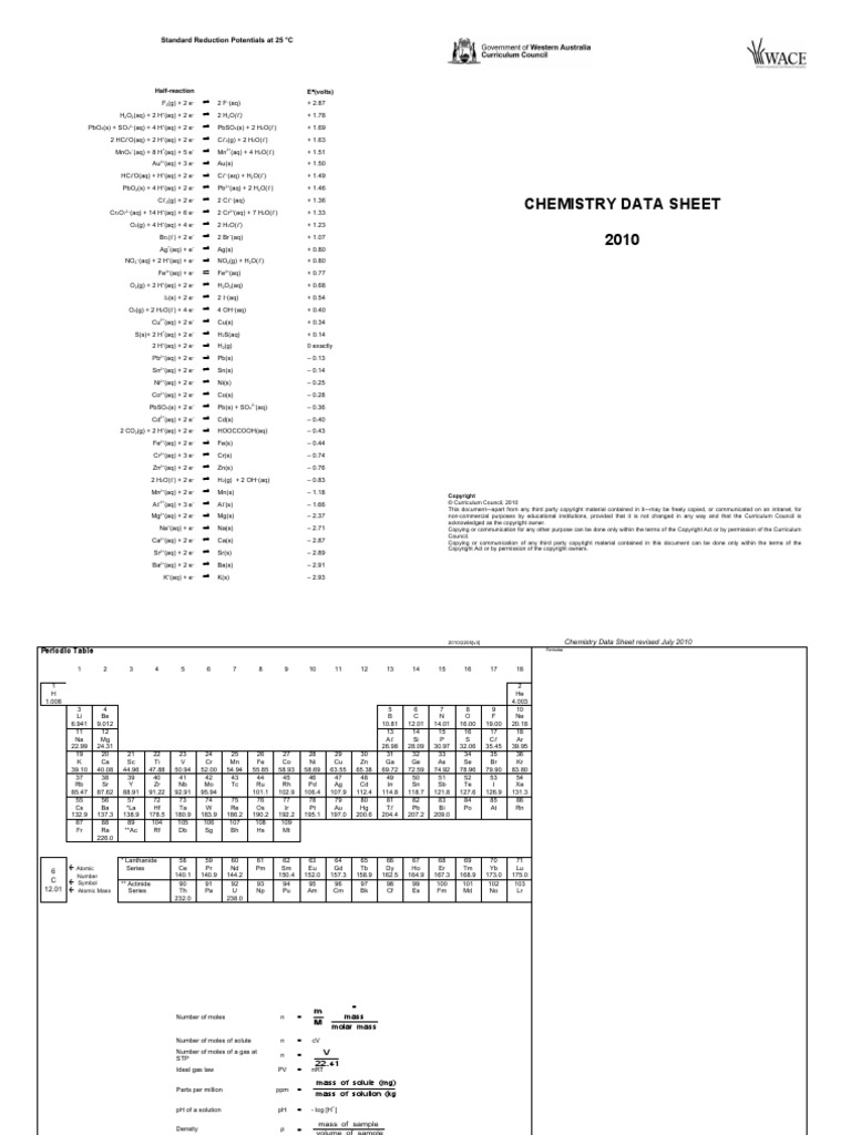 Chemistry Stage 2 and 3 Data Sheet 2010 | PDF | Solubility | Mole (Unit)