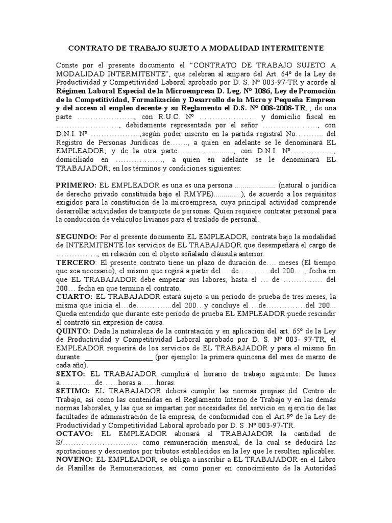 Contrato de Trabajo Sujeto a Modalidad Intermitente