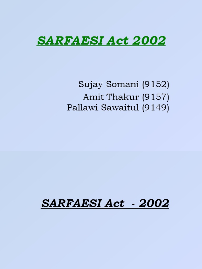 SARFAESI Act 2002: Sujay Somani (9152) Amit Thakur (9157) Pallawi ...