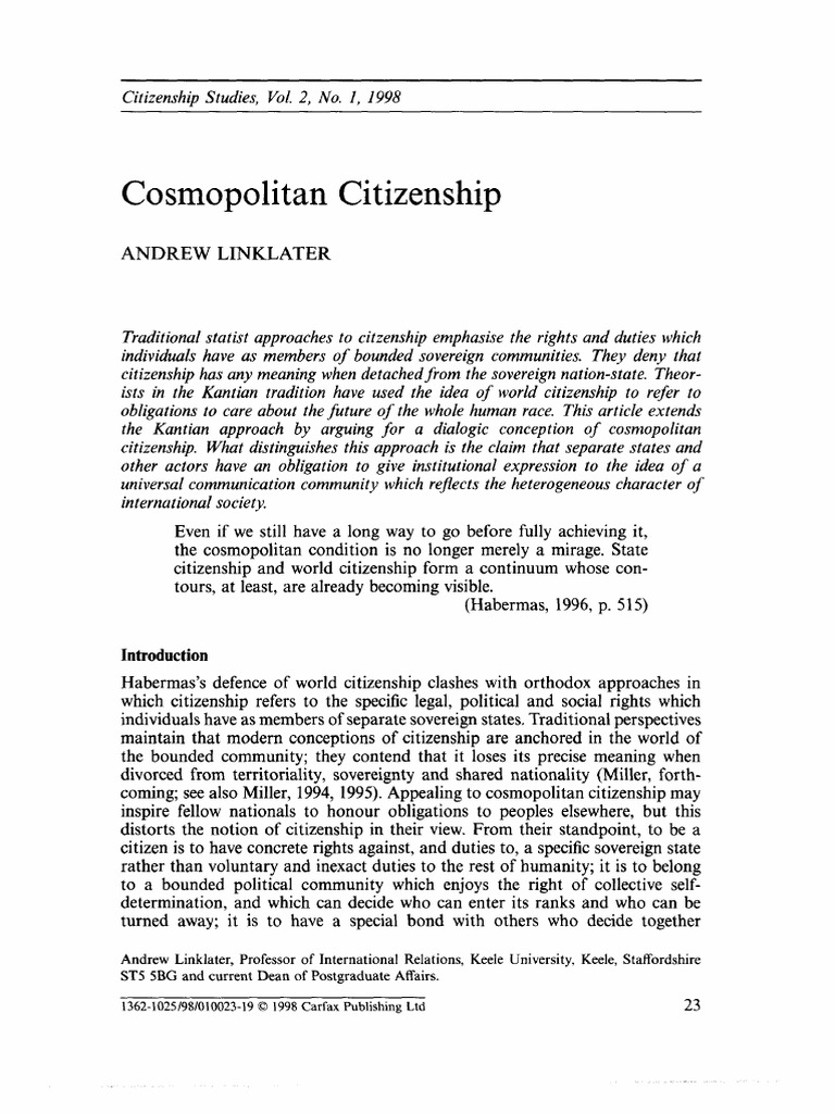 A Cosmopolitan Citizenship Linklater | PDF | Sovereign State | Citizenship
