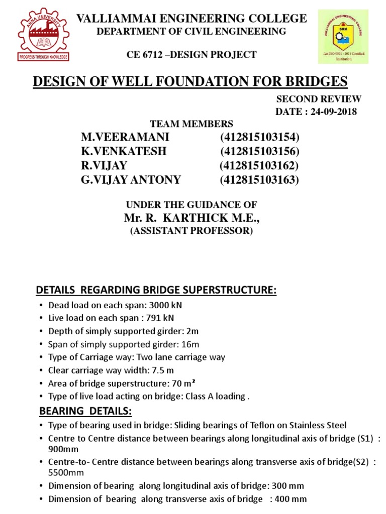 Design of Well Foundation For Bridges: Valliammai Engineering College ...