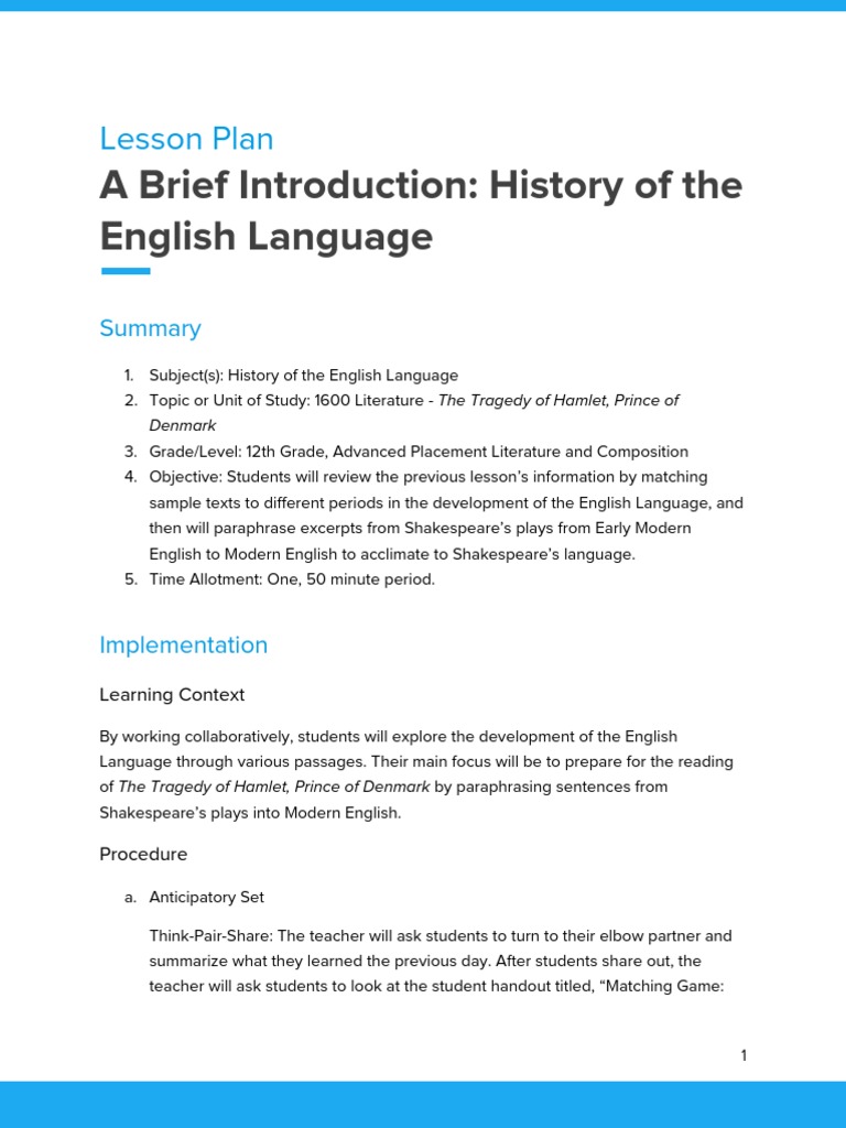 A Brief Introduction: History of The English Language: Lesson Plan ...
