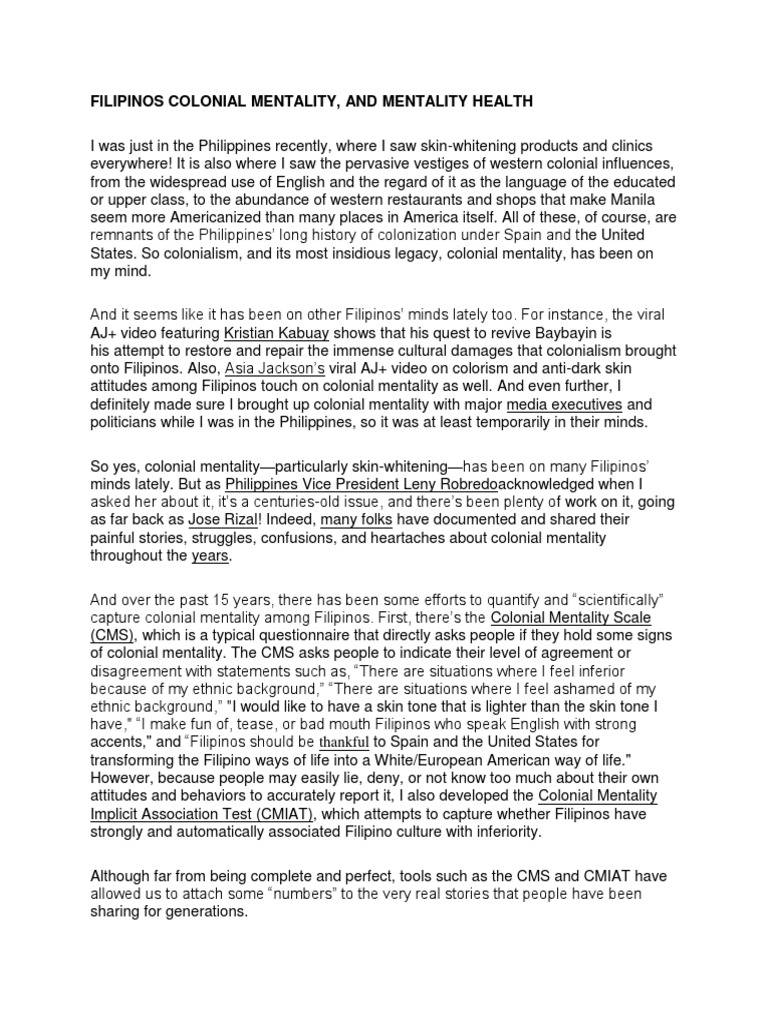 Filipinos Colonial Mentality | PDF | Philippines | Colonialism