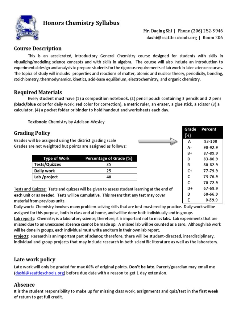 Honors Chemistry Syllabus: Course Description | Download Free PDF ...