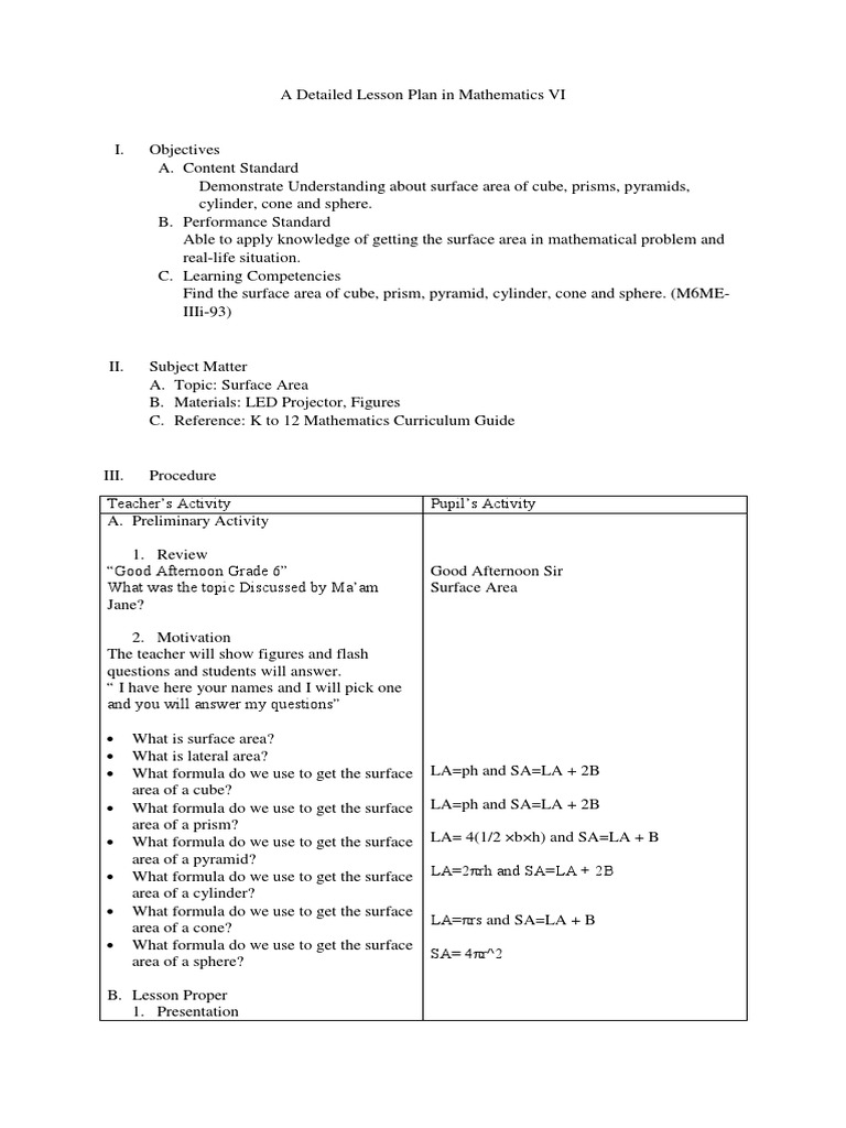 Grade 6 Surface Area Lesson Plan | PDF | Area | Lesson Plan