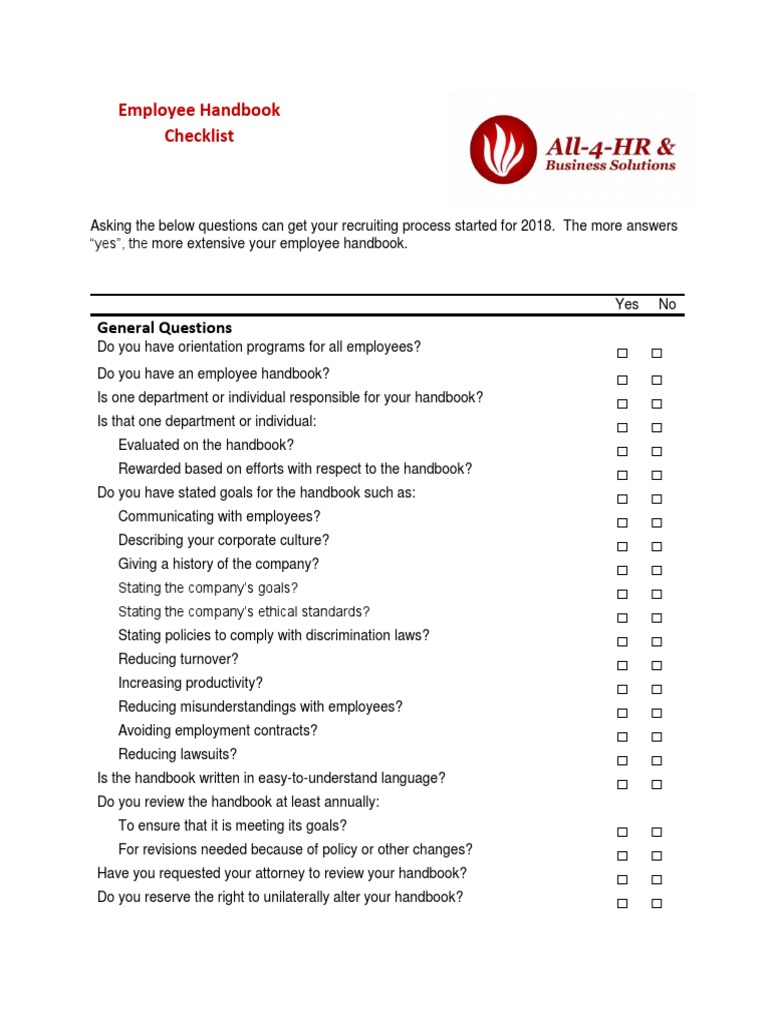 Employee Handbook Checklist PDF | PDF | Employee Relations | Employment