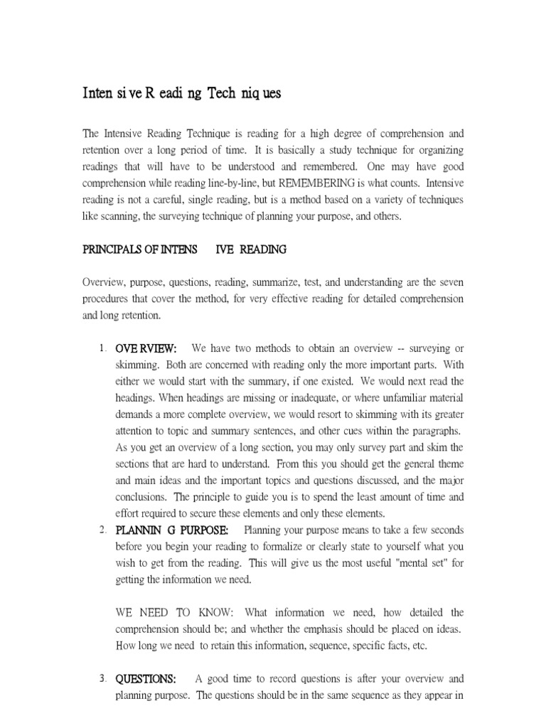 Guidelines - Intensive Reading Techniques | PDF | Reading Comprehension ...